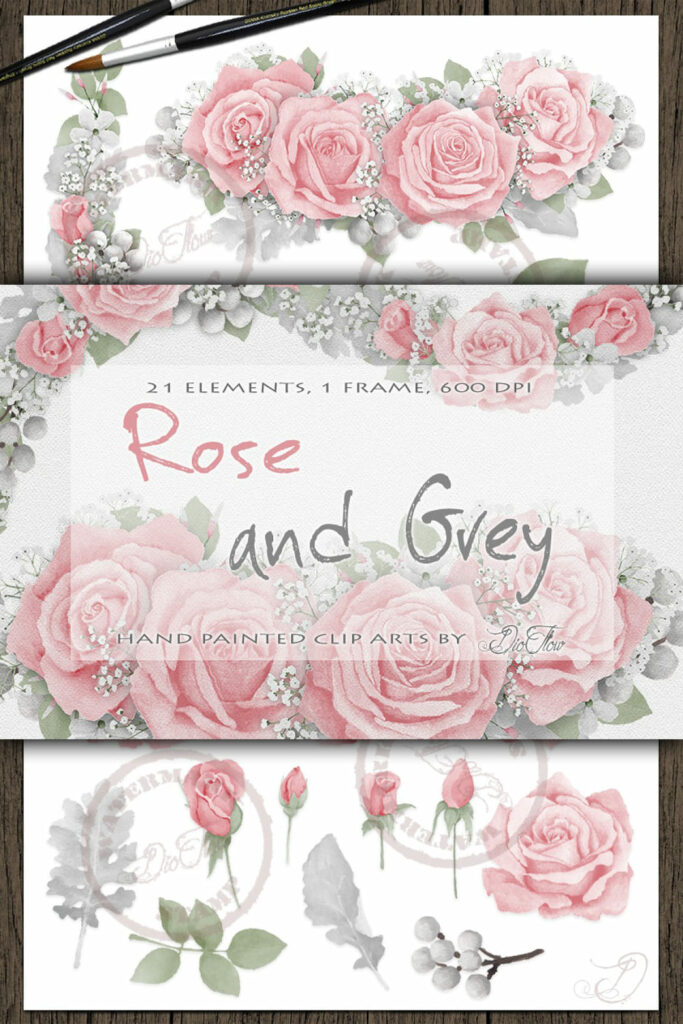 Rose And Grey Watercolor Clip Art – MasterBundles