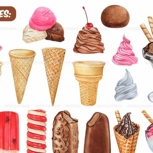 18 Watercolor Ice Cream Clipart | Master Bundles