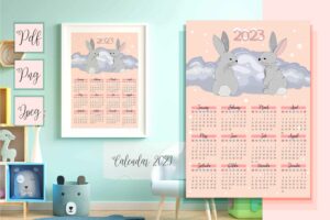 Calendar 2023 with cute rabbits | MasterBundles