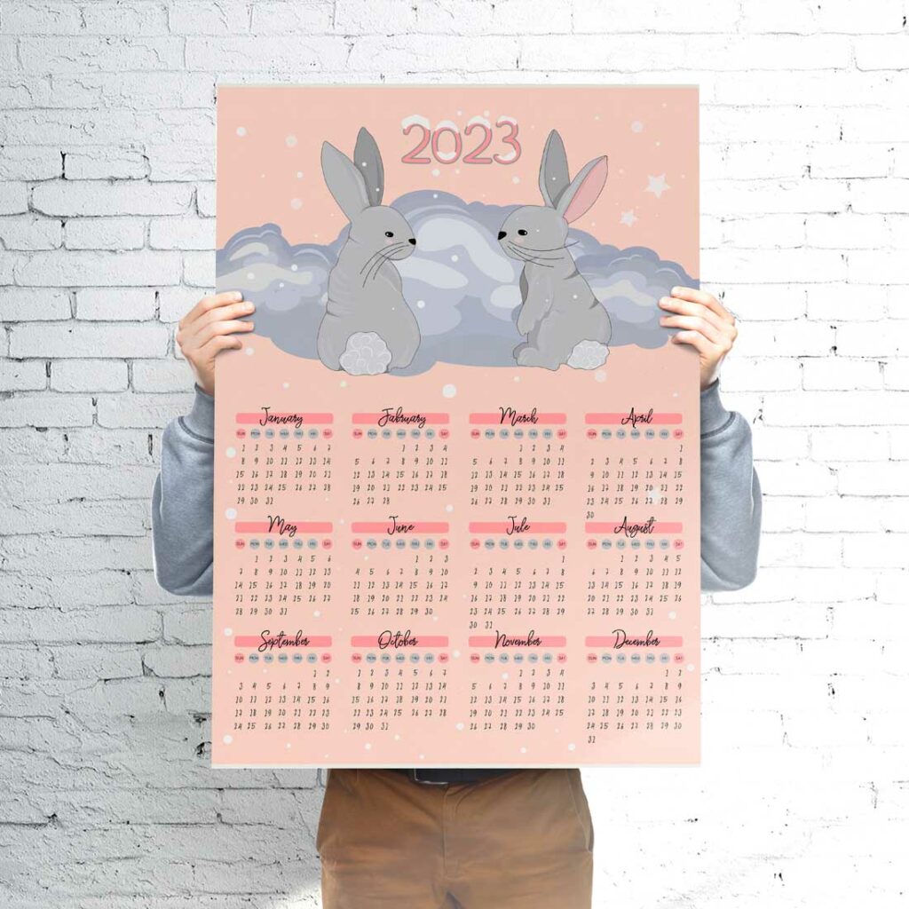 Calendar 2023 with cute rabbits - MasterBundles