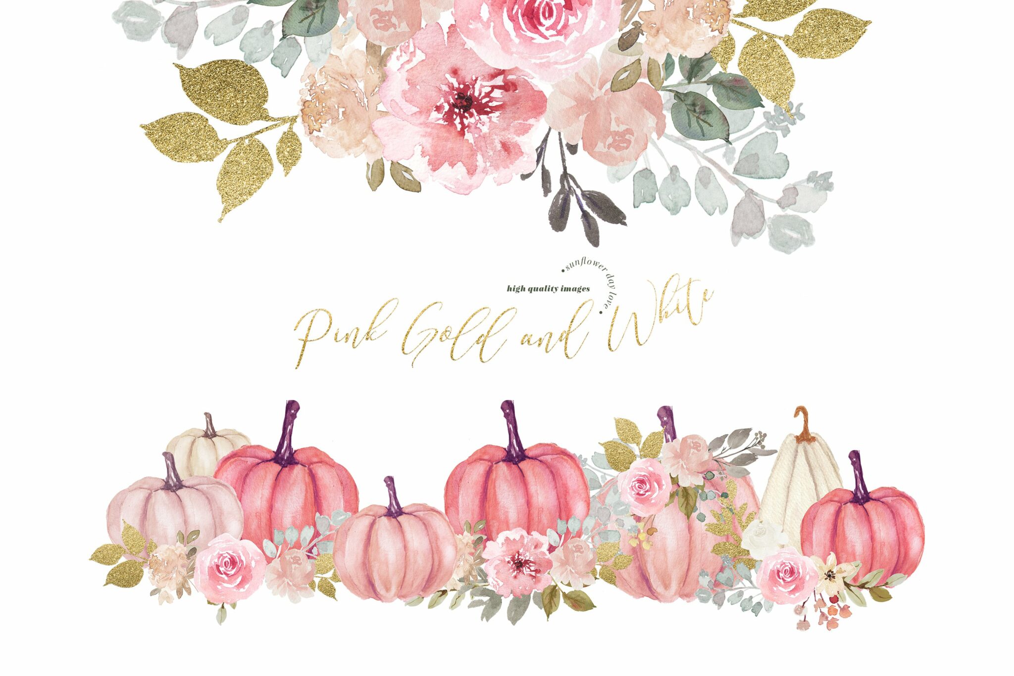 Pink Gold Flowers Pumpkin Clipart – MasterBundles