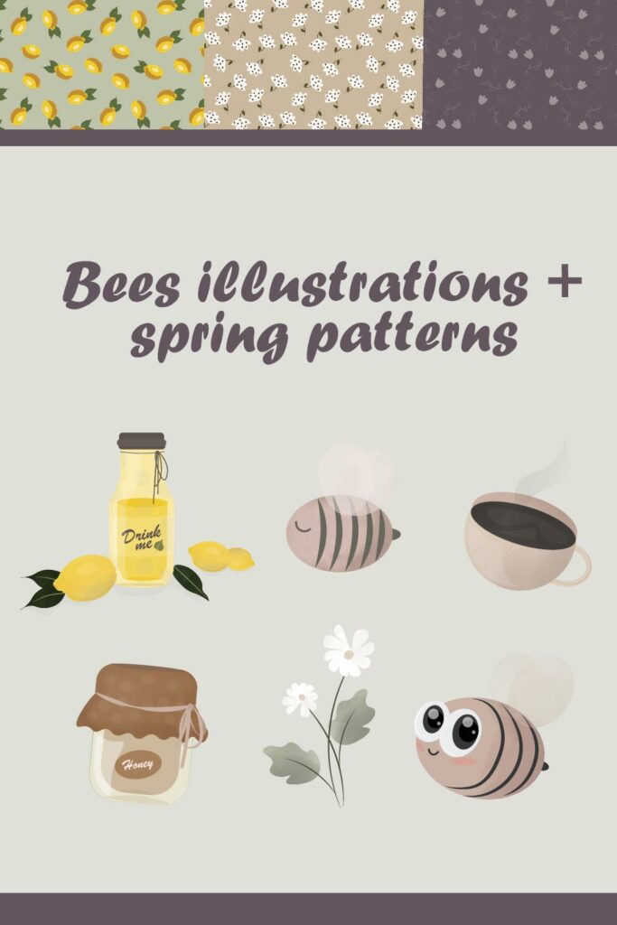 Bees illustrations and spring patterns | MasterBundles