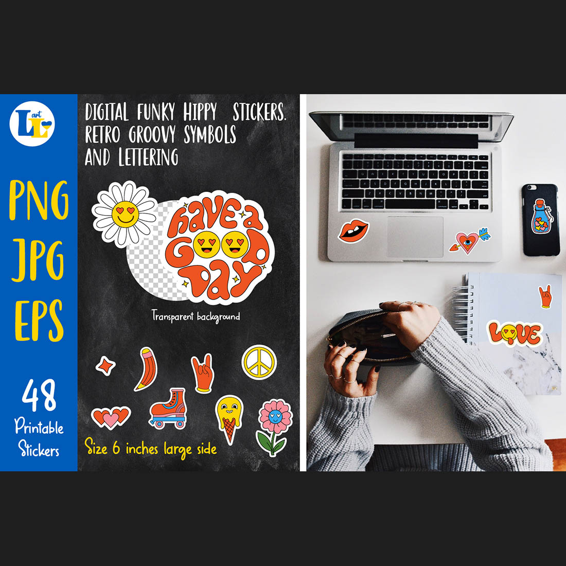 Retro Bundle funky hippy stickers|Printable digital sticker - MasterBundles