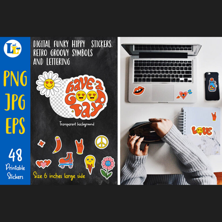 Retro Bundle funky hippy stickers|Printable digital sticker - MasterBundles