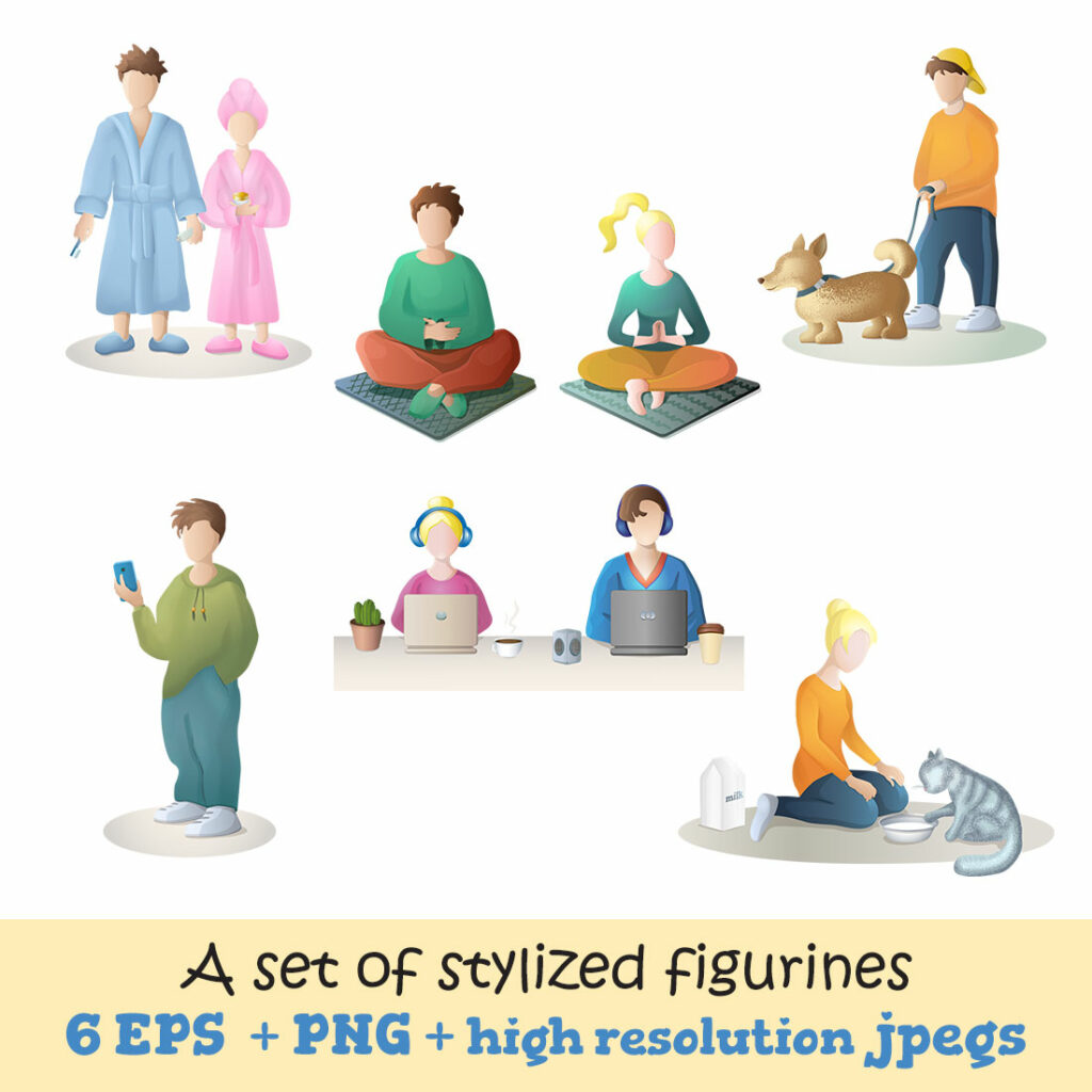 A set of stylized figurines. The boy and the girl are busy with ...