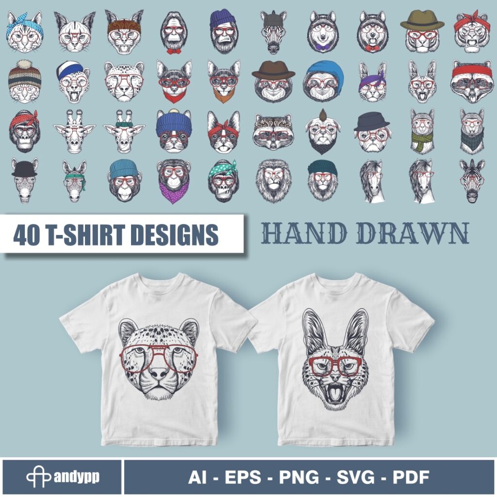40 T-shirt designs Animals hand drawn - MasterBundles