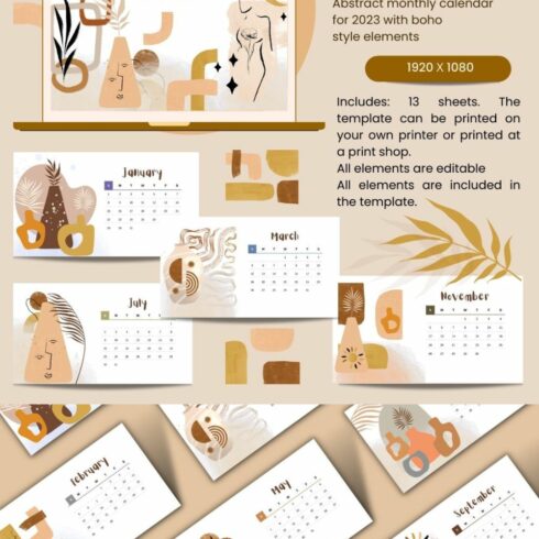A desktop calendar for 2023 with abstract boho elements | MasterBundles