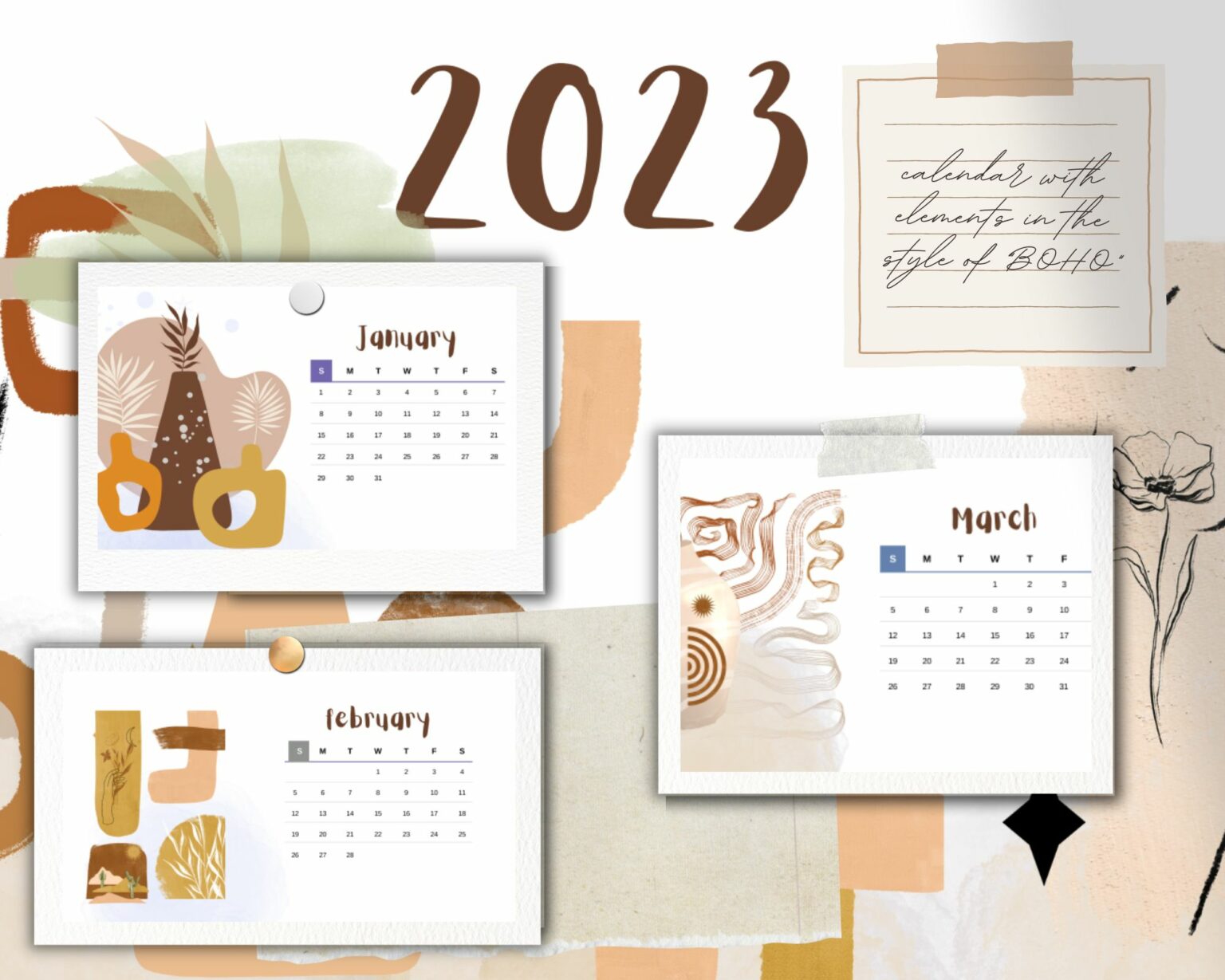 A desktop calendar for 2023 with abstract boho elements - MasterBundles