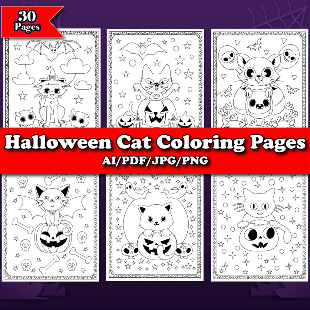 30 Halloween Cat Coloring Page for Kids - MasterBundles
