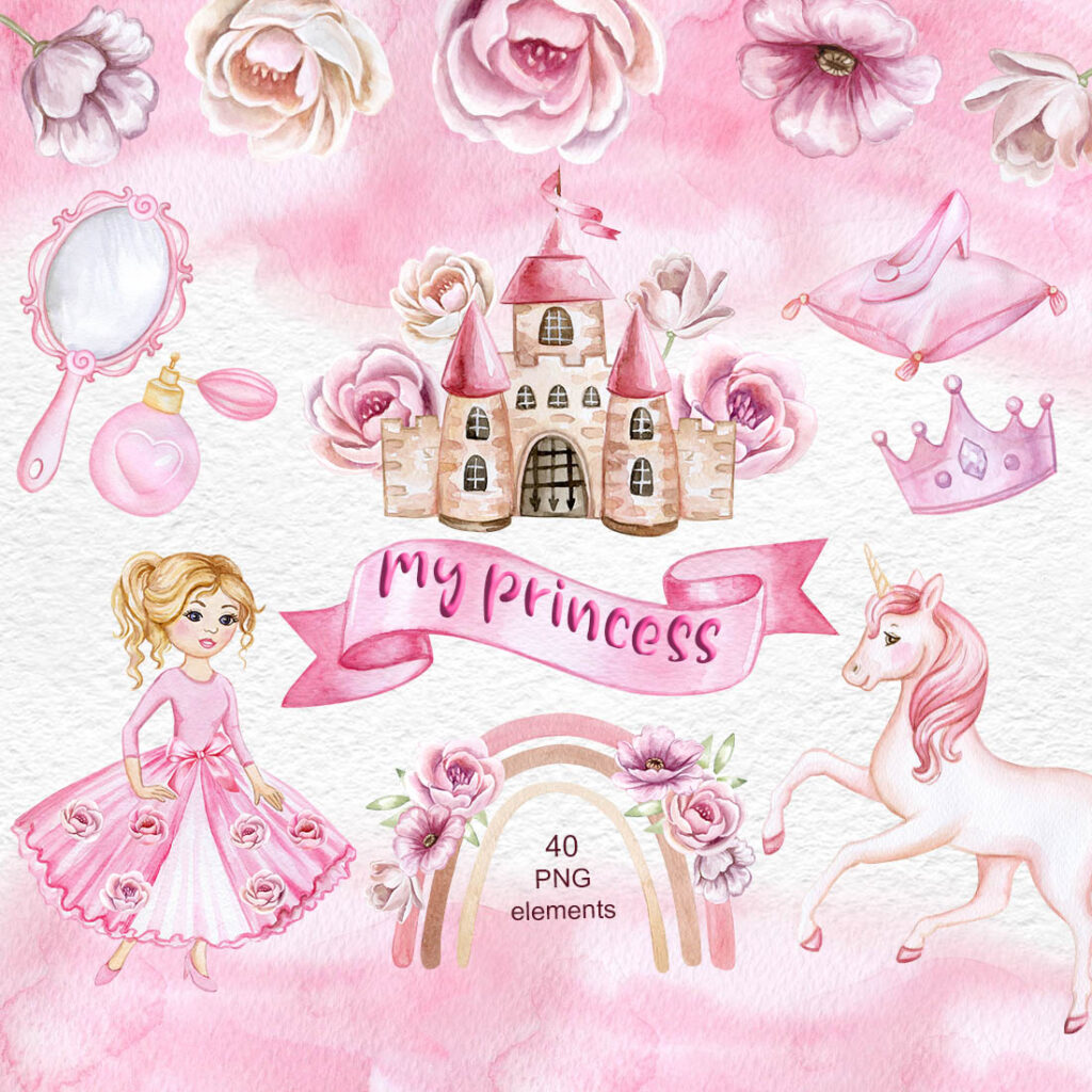 Sweet Princess Watercolor Girl Clipart, Castle - MasterBundles