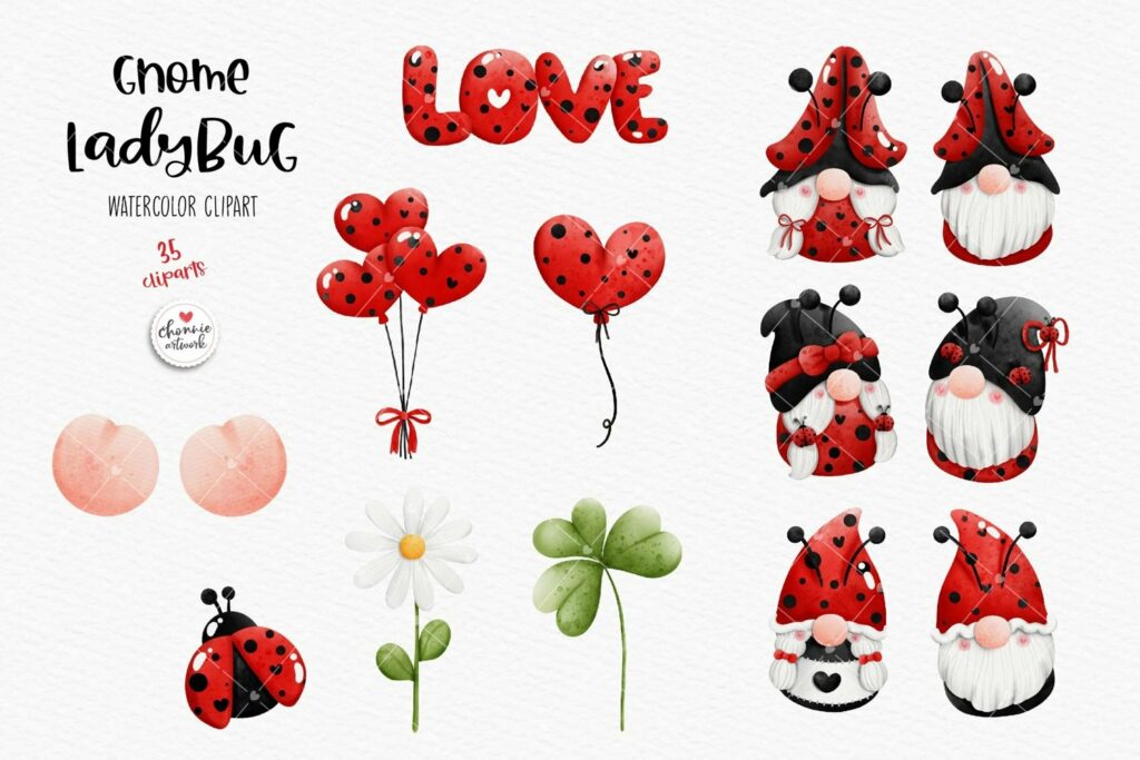 Gnome Ladybug Clipart, Gnome Valentines Clipart – MasterBundles
