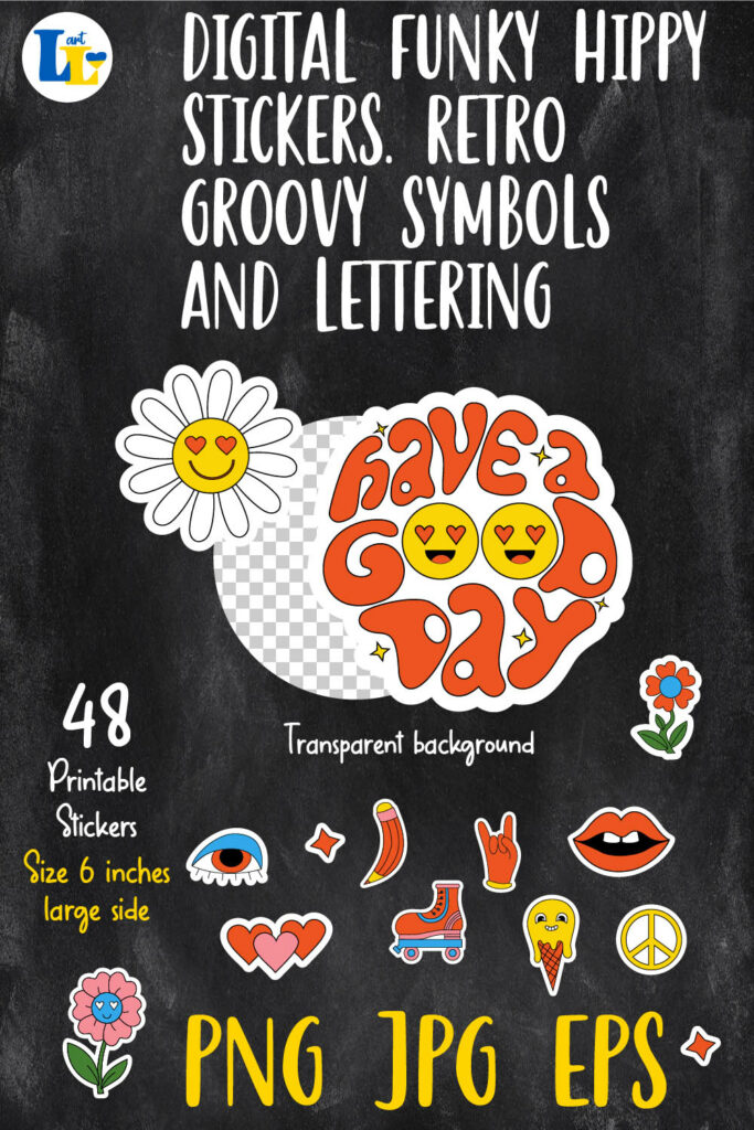 Retro Bundle funky hippy stickers|Printable digital sticker - MasterBundles