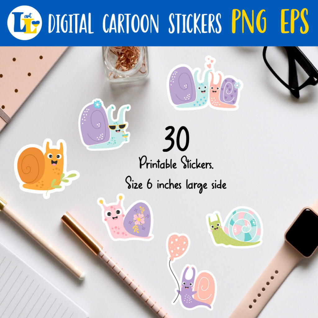 Cute Snails Printable Stickers Bundle PNG - MasterBundles