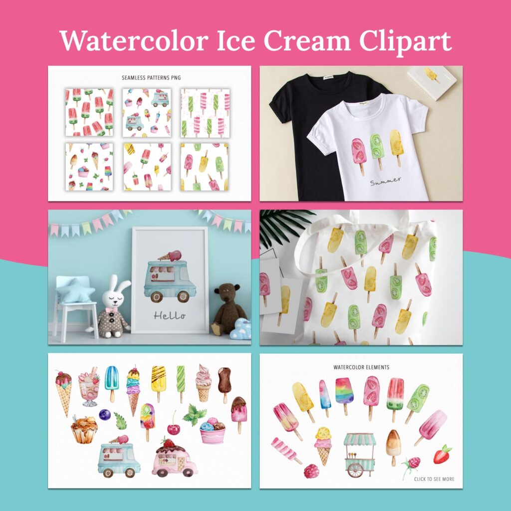 20 Watercolor Ice Cream Clipart Images | Master Bundles