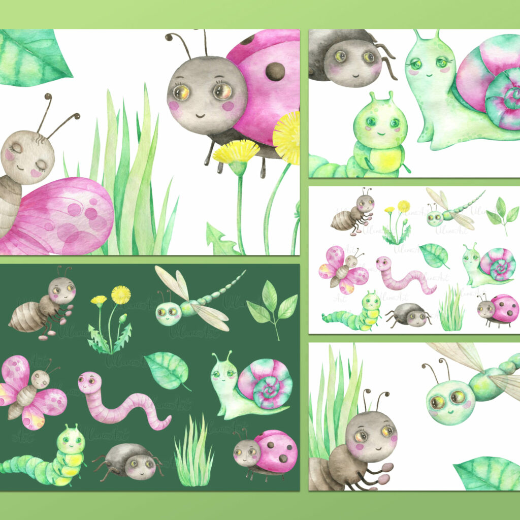 Watercolor Insects Clipart | Snail Ant Dragonfly Butterfly – MasterBundles