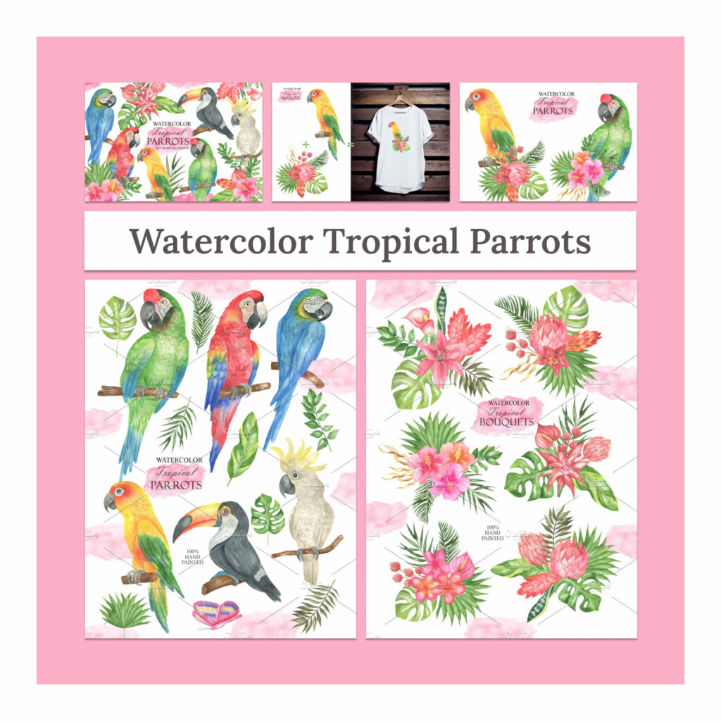 Watercolor Tropical Parrots – MasterBundles