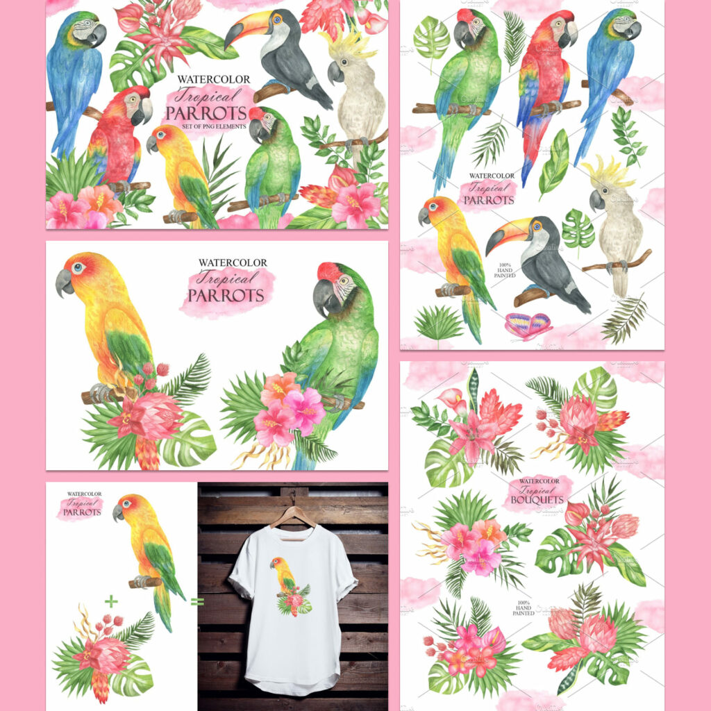 Watercolor Tropical Parrots – MasterBundles