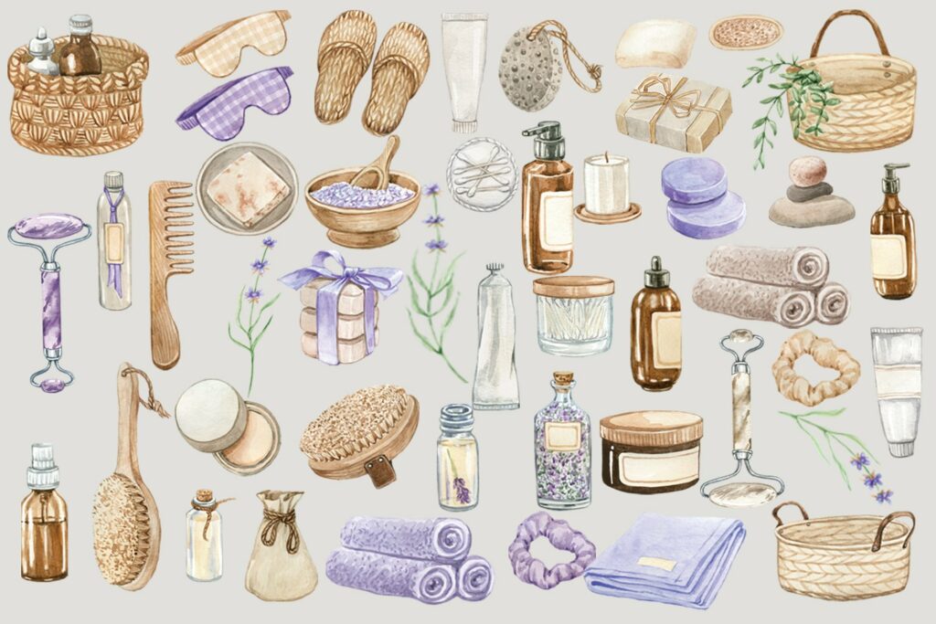 Watercolor Spa Clipart, Natural Cosmetic, Bathroom, Self-care – MasterBundles
