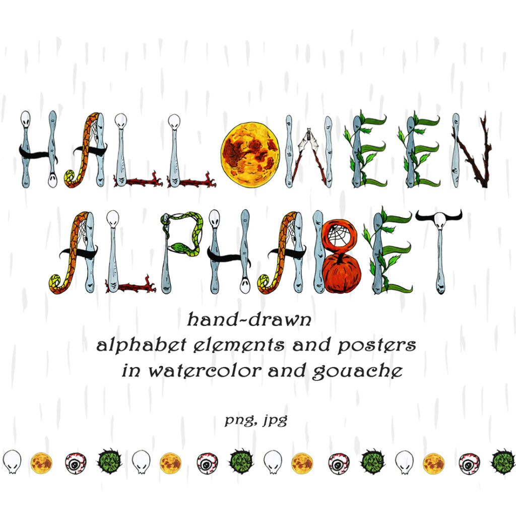 Set of Watercolor Halloween Alphabet Elements and Pre-made Posters ...