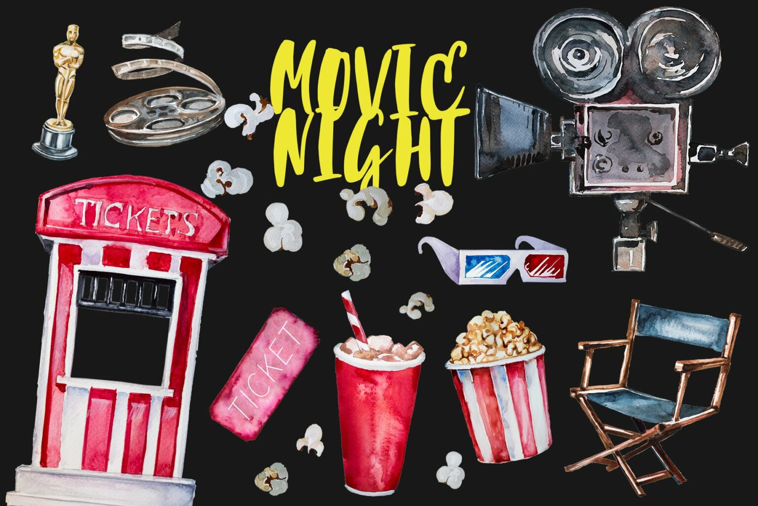 Watercolor Movie Night Clipart Set – MasterBundles