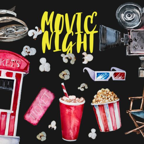 Watercolor Movie Night Clipart Set | Master Bundles