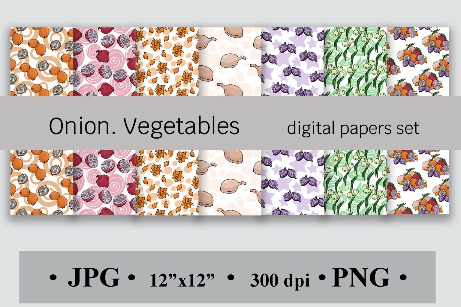 Onion Vegetables Digital Paper Set, Kitchen Seamless Pattern ...