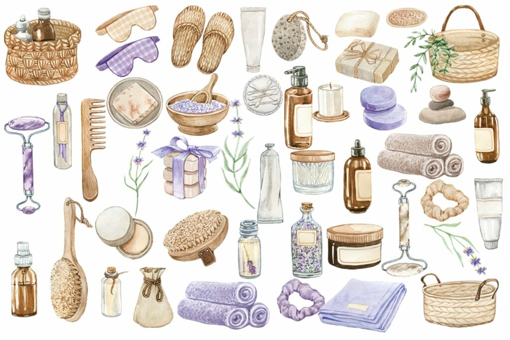 Watercolor Spa Clipart, Natural Cosmetic, Bathroom, Self-care – MasterBundles