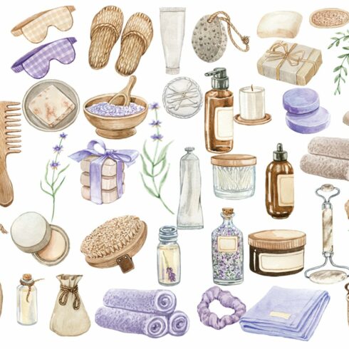 Watercolor Spa Clipart, Natural Cosmetic, Bathroom, Self-care | Master Bundles