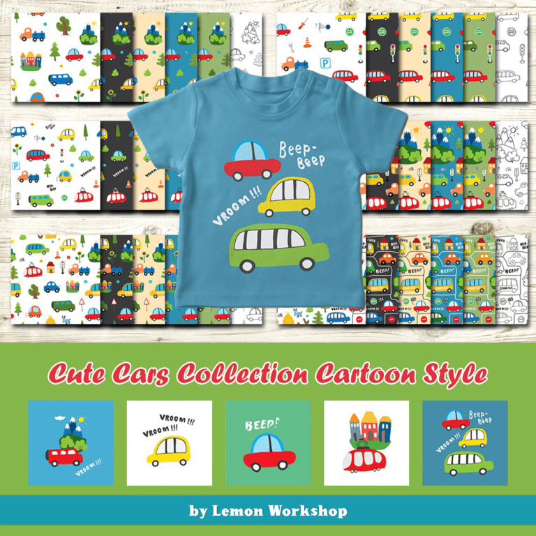 Cute Cars Collection, Cartoon Style | Master Bundles