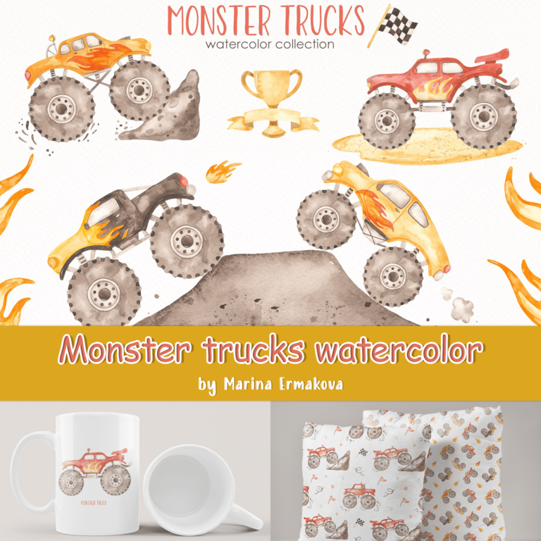 Monster Trucks Watercolor – MasterBundles
