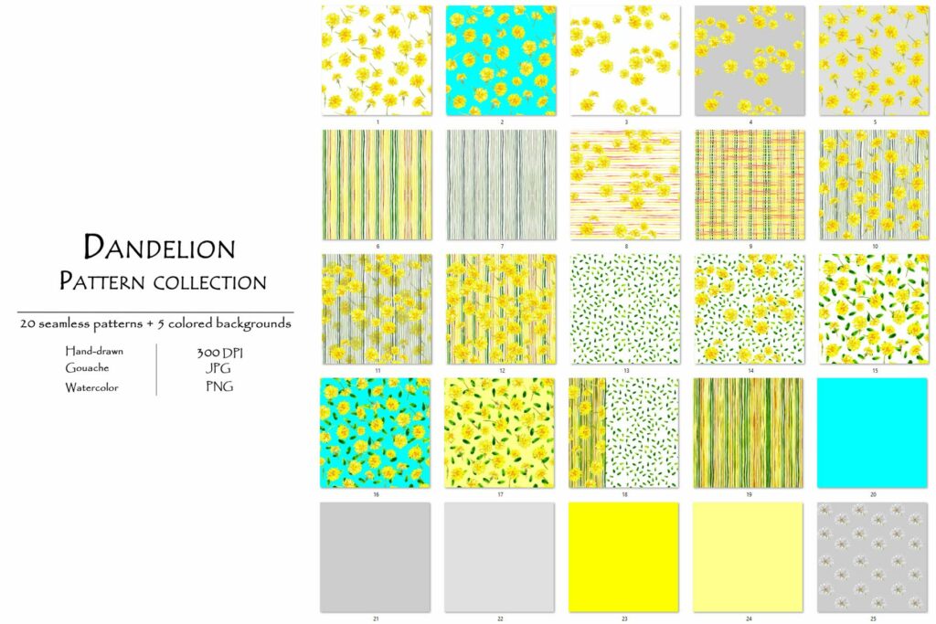 Dandelion Pattern Collection of 20 seamless patterns and 5 colored ...
