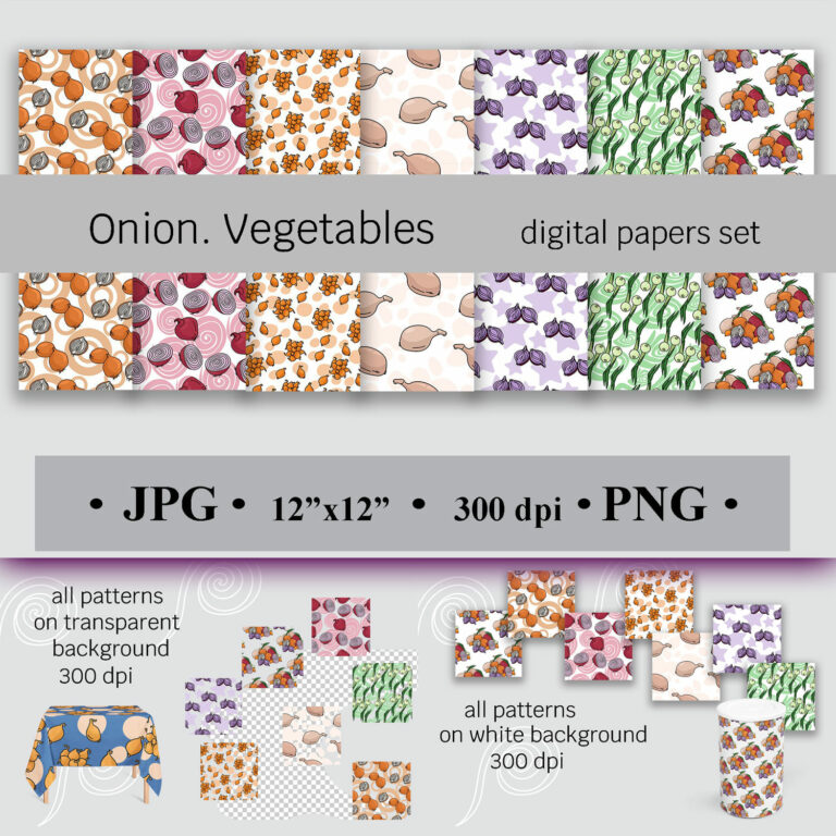 Onion Vegetables Digital Paper Set, Kitchen Seamless Pattern ...