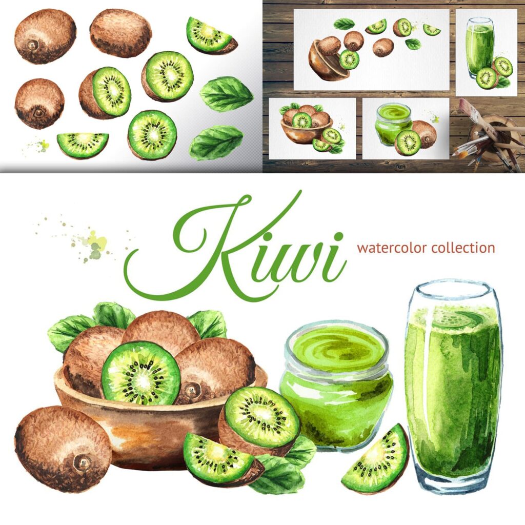 Kiwi Fruit Watercolor Clipart, Whole and Half Kiwi Fruit – MasterBundles