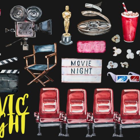 Watercolor Movie Night Clipart Set | Master Bundles