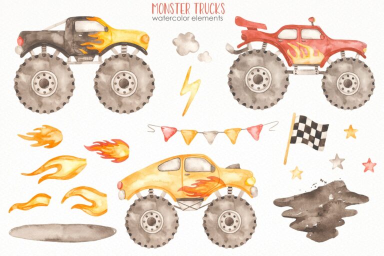 Monster Trucks Watercolor – MasterBundles