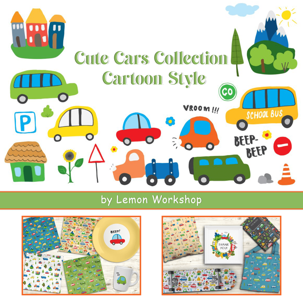 Cute Cars Collection, Cartoon Style – MasterBundles
