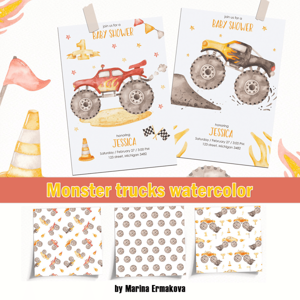 Monster Trucks Watercolor – MasterBundles