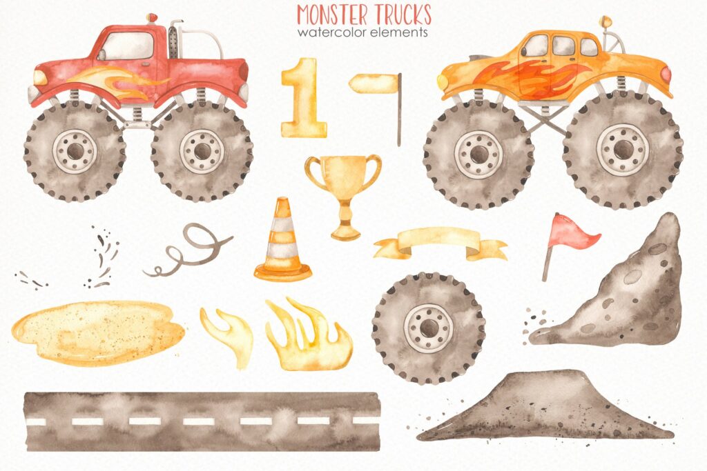 Monster Trucks Watercolor – MasterBundles