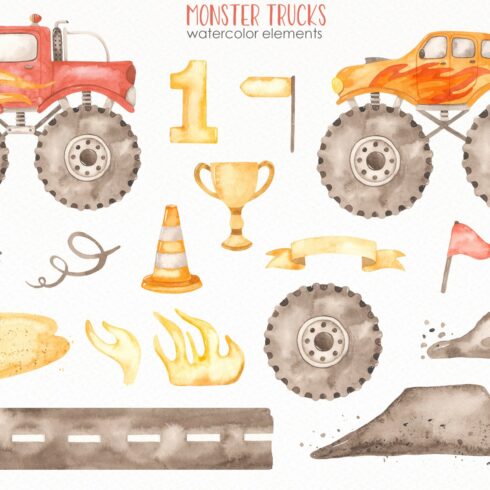 Monster Trucks Watercolor | Master Bundles