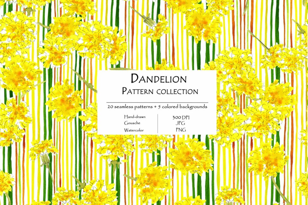 Dandelion Pattern Collection of 20 seamless patterns and 5 colored ...
