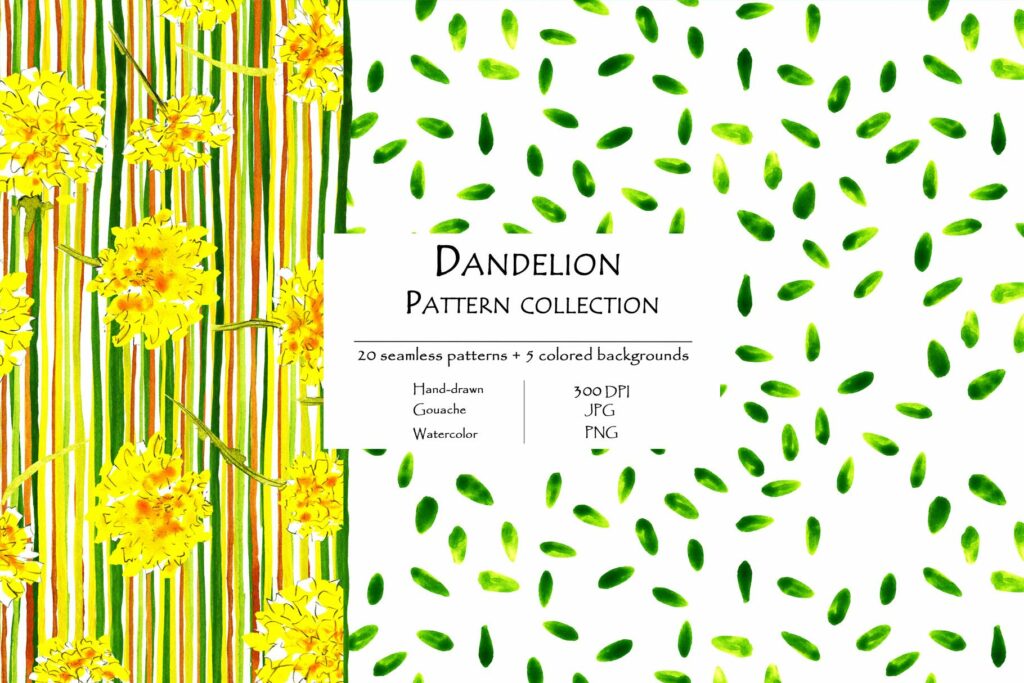 Dandelion Pattern Collection of 20 seamless patterns and 5 colored ...