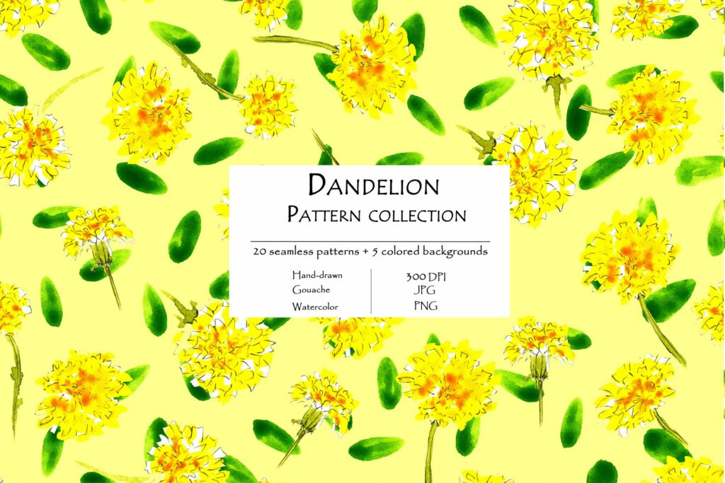 Dandelion Pattern Collection of 20 seamless patterns and 5 colored ...