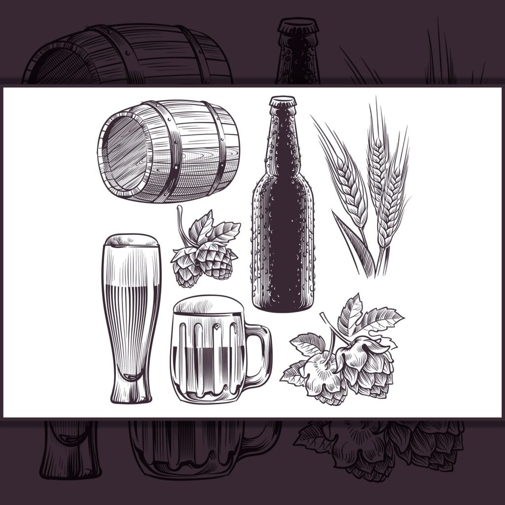 Hand Drawn Beer. Mug, Barrel and Beer Glass and Bottle, Whea ...