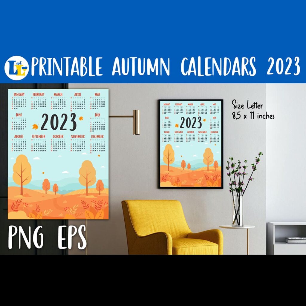 Printable autumn wall calendar 2023. Annual Planner Format letter ...