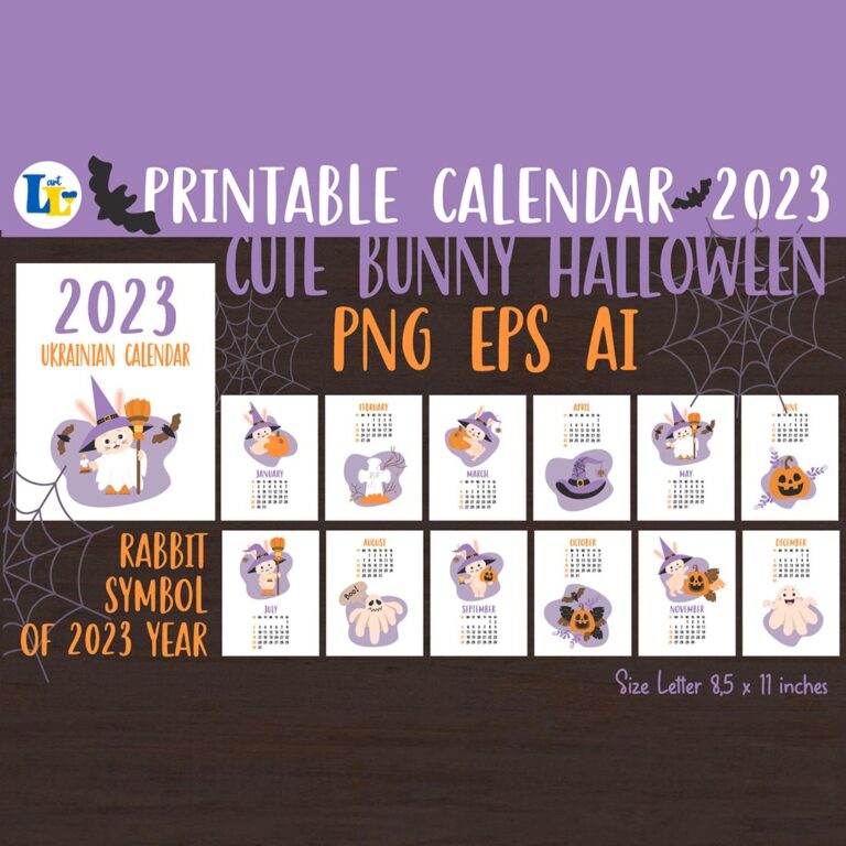 Printable design Calendar 2023. Cute bunny. Halloween rabbit ...