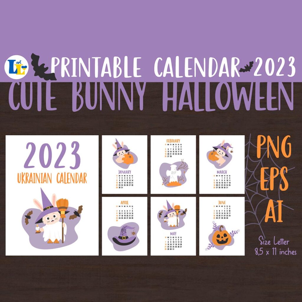 Printable design Calendar 2023. Cute bunny. Halloween rabbit ...