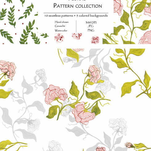 Floral Pattern Collection of 10 Seamless Patterns and 5 Colored Backgrounds | MasterBundles