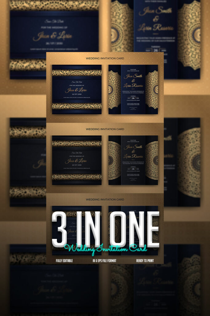3 In One Luxury square Wedding Invitation Card Only In $5 - MasterBundles