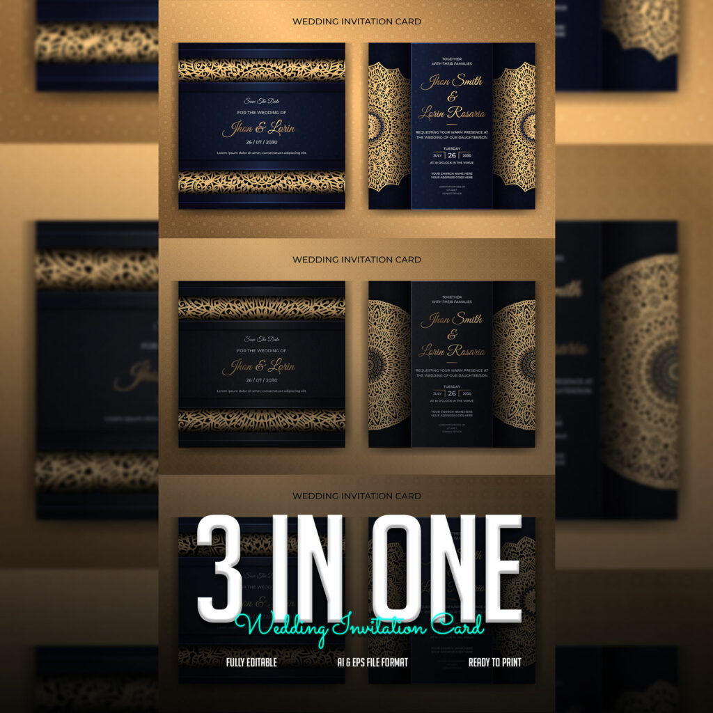 3 In One Luxury square Wedding Invitation Card Only In $5 - MasterBundles