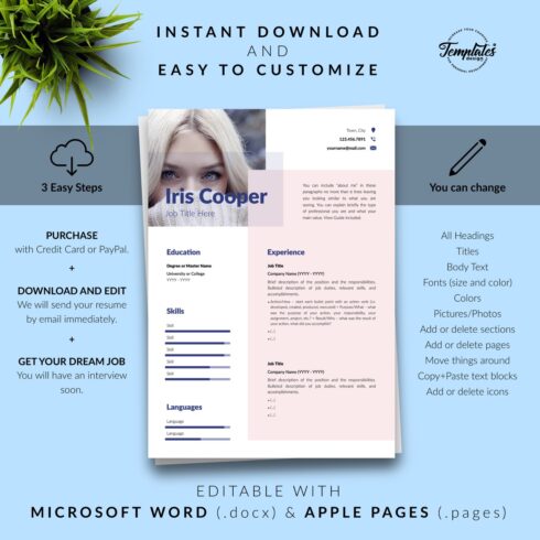 Iris Cooper Resume Bundle // Modern Resume CV Template for Microsoft Word and Apple Pages ...